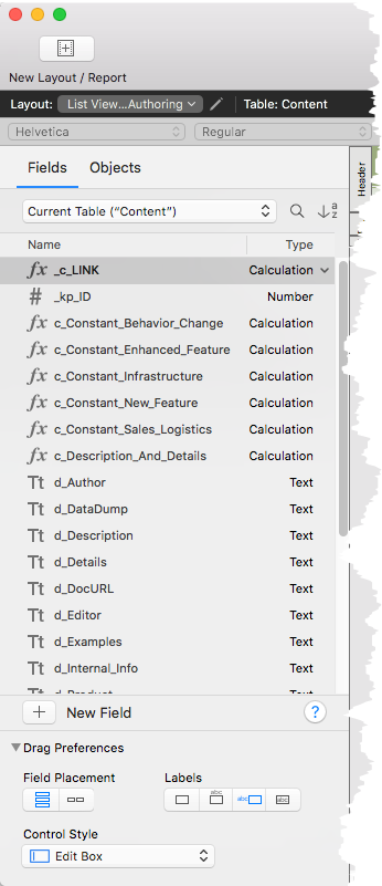 Field Picker and Layout Object Window enhancements in FileMaker Pro Advanced.