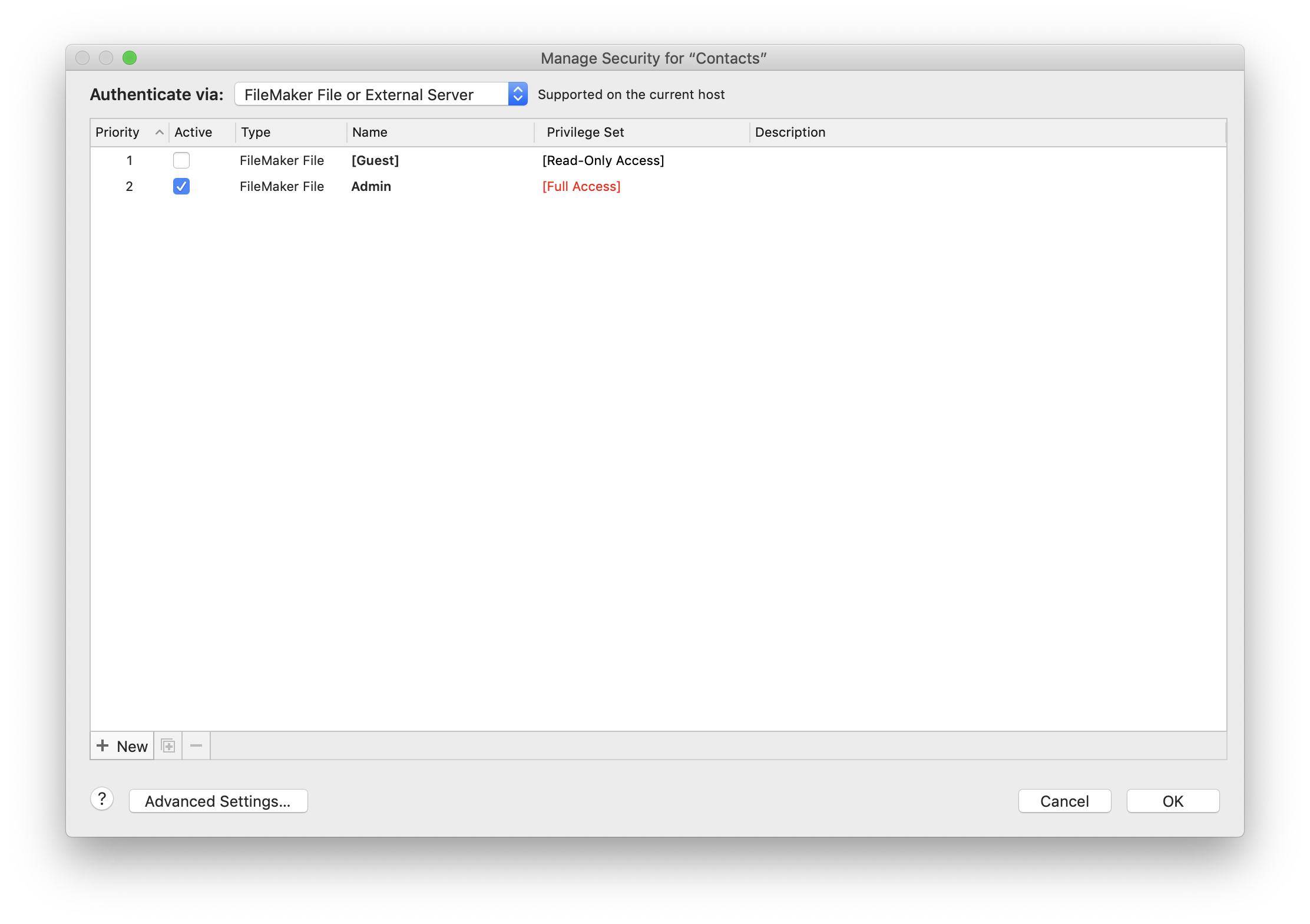 Changes to the Manage Security dialog box in FileMaker Pro